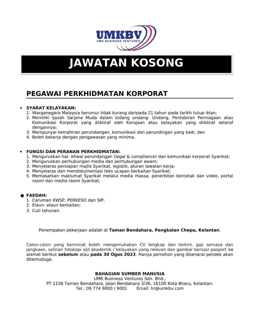 Jawatan Kosong Di UMK Business Ventures Sdn Bhd – Negerikelantan.com